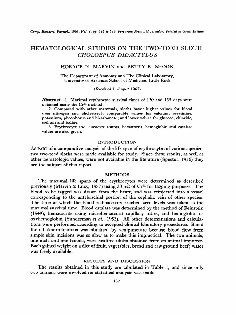 Hematological Studies On The Two-Toed Sloth,: Choloepus Didactylus ...