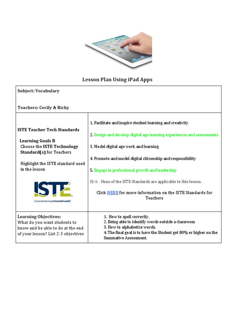 Lesson Plan Using Ipad Apps: Subject: Vocabulary | PDF