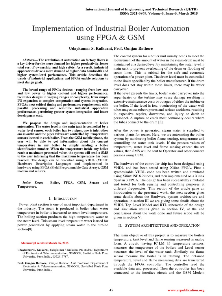 Implementation of Industrial Boiler Automation Using FPGA & GSM | PDF ...