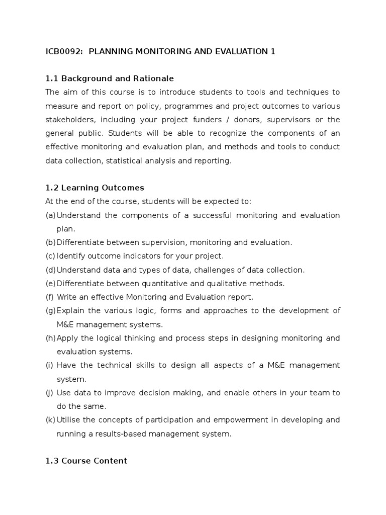 Planning Monitoring and Evaluation 1 | Monitoring And Evaluation ...