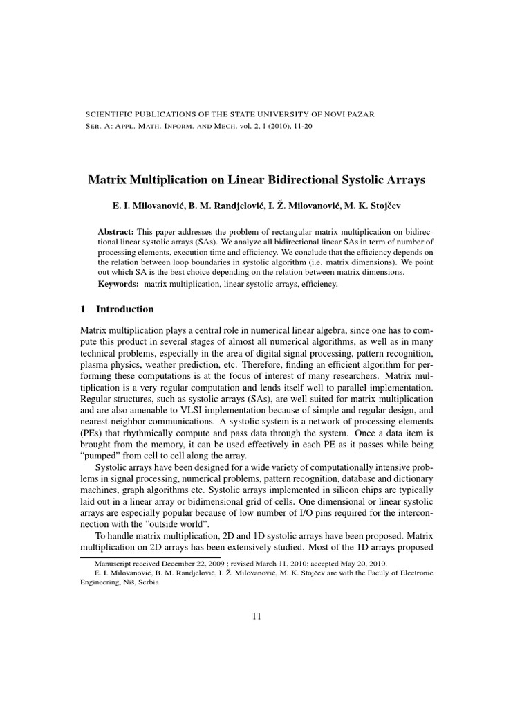 Matrix Multiplication On Linear Bidirectional Systolic Arrays | PDF ...