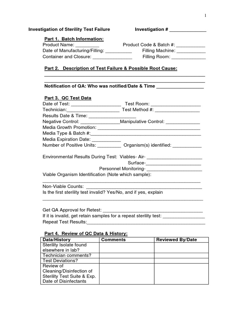 Template Investigation of Sterility Test Failure | Sterilization ...