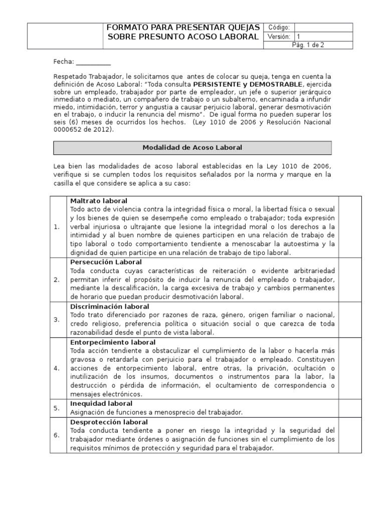 Formato Para Presentar Quejas Sobre Presunto Acoso Laboral | Derecho ...