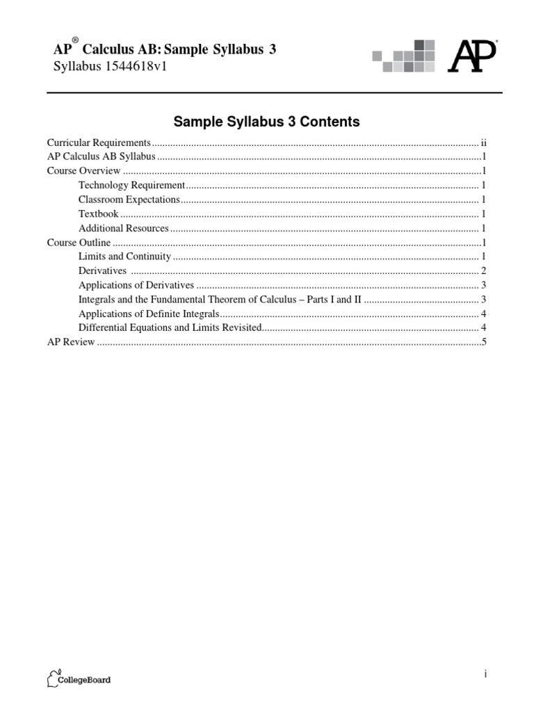 Calculus Ab Sample Syllabus 3 | PDF | Integral | Derivative