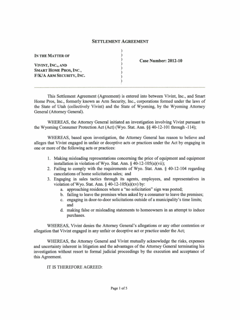 Vivint, Inc. Settlement Agreement W WY AG - FINAL | PDF | Sovereign ...