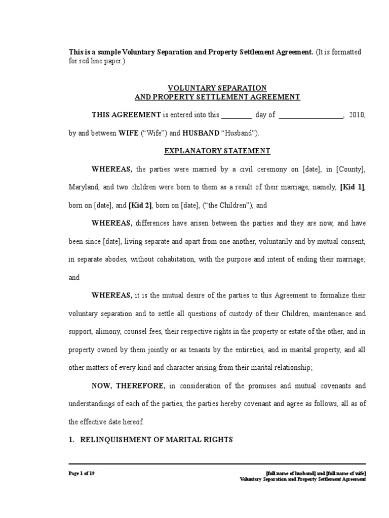 Sample - Voluntary Separation and Property Settlement Agreement | PDF ...