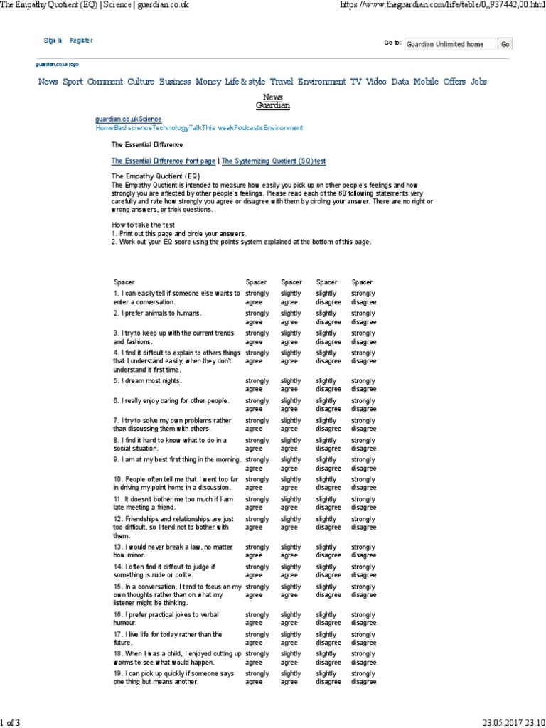 The Empathy Quotient (EQ) - Science - Guardian - Co | PDF | Empathy | Behavioural Sciences