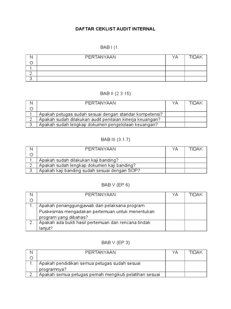 Checklist Audit Internal Puskesmas Pdf Karier Perkembangan