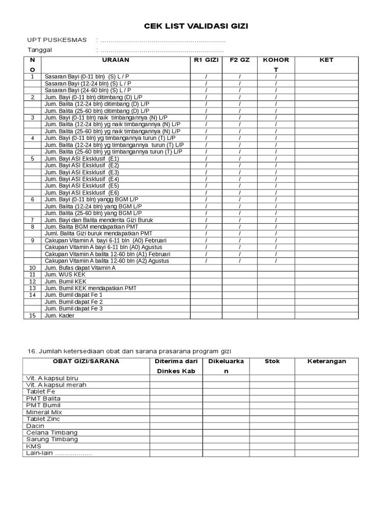 Format Cek List Validasi Data Gizi 2015 | PDF