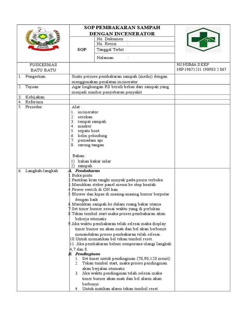 Sop Pembakaran Sampah Dengan Incenerator | PDF