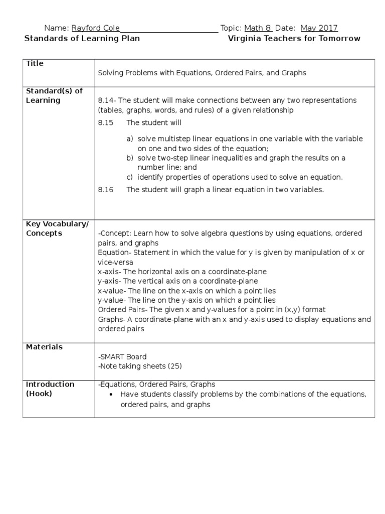 Lesson Plan 2 | PDF | Cartesian Coordinate System | Equations