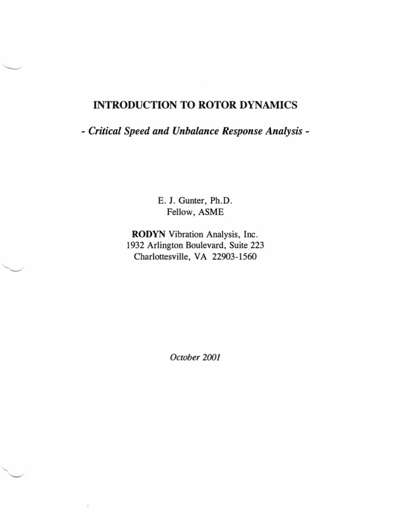 Introduction To Rotor Dynamics Critical Speed and Unbalance Response ...