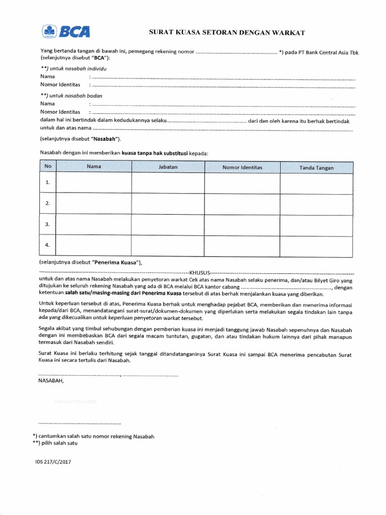 Surat Kuasa Setoran Dengan Warkat Bca | PDF