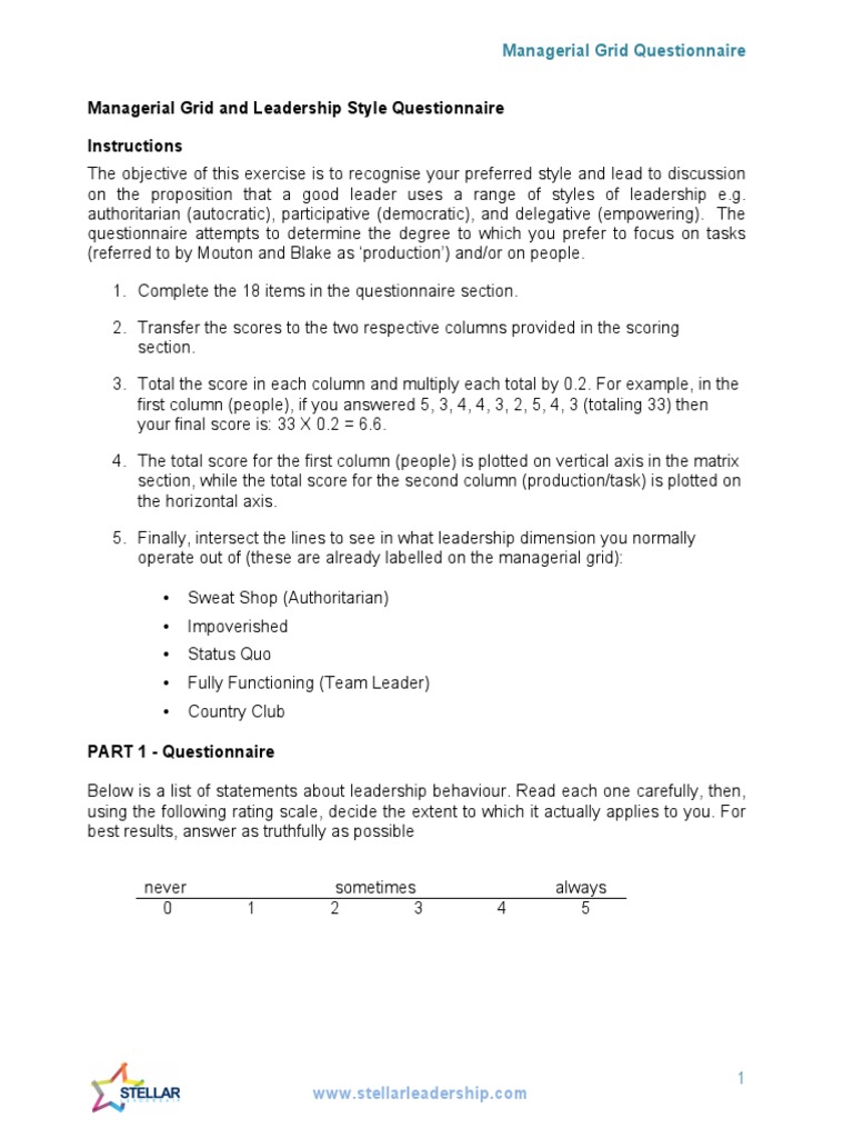 Managerial Grid Questionnaire PDF | PDF | Leadership | Psychology