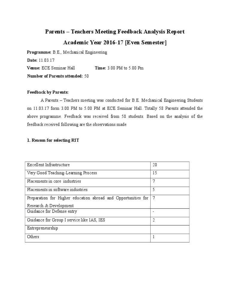 Parents Teachers Meeting Feedback Analysis Report | PDF | Teachers ...