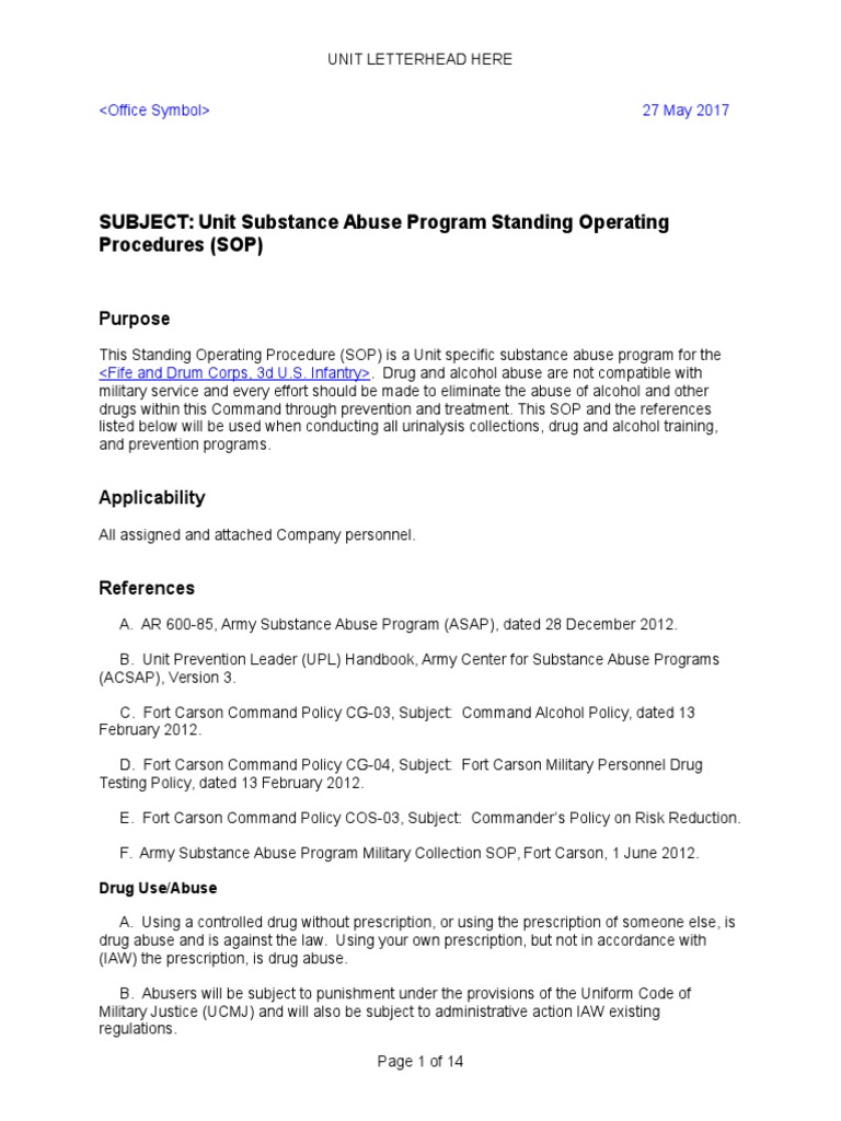 Sample Unit SOP 2013 | PDF | Substance Abuse | Disinfectant