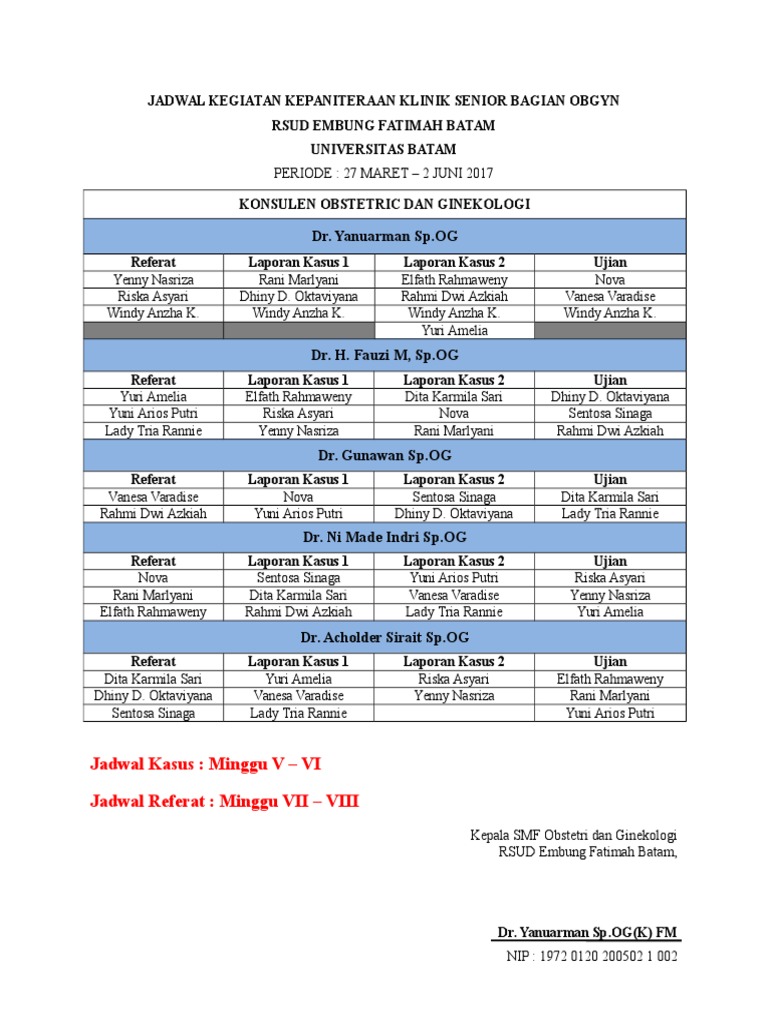 Jadwal Kegiatan Kepaniteraan Klinik Senior Bagian Obgyn | PDF