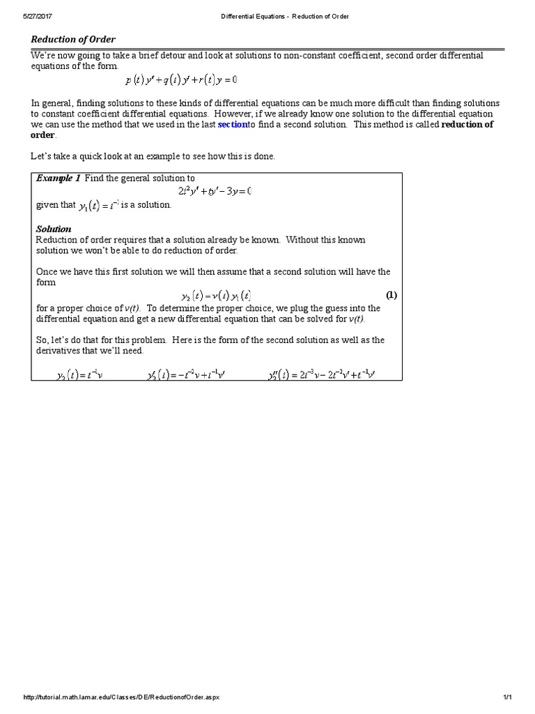 Reduction of Order in Differential Equations | PDF