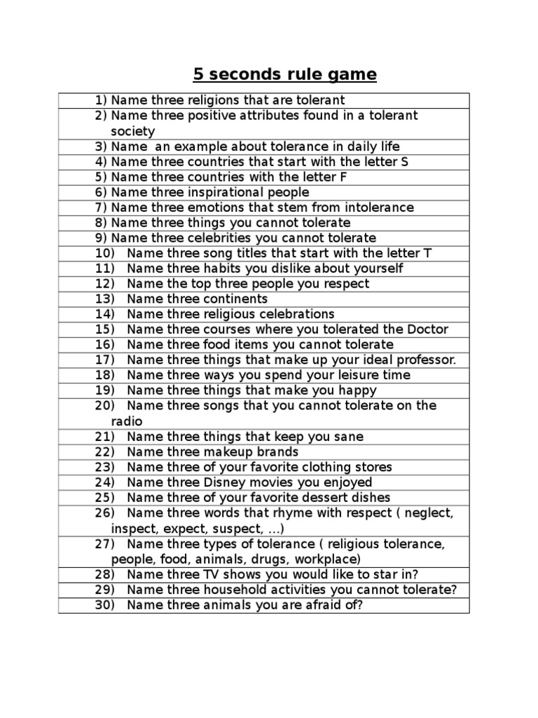 5 Seconds Rule Game | PDF | Toleration | Behavioural Sciences