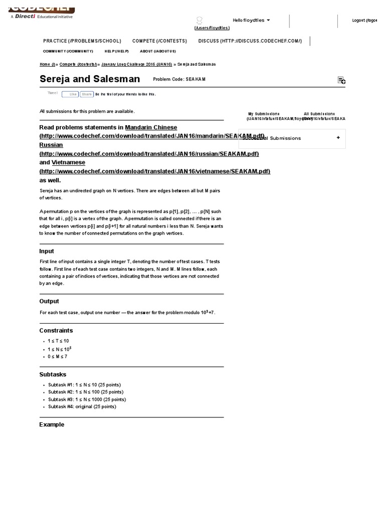 Sereja and Salesman - CodeChef | PDF | Vertex (Graph Theory) | Computer ... Sereja and Salesman - CodeChef | PDF | Vertex (Graph Theory) | Computer ...