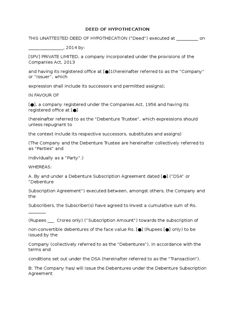 Deed of Hypothecation _ Draft Template | Indemnity | Deed