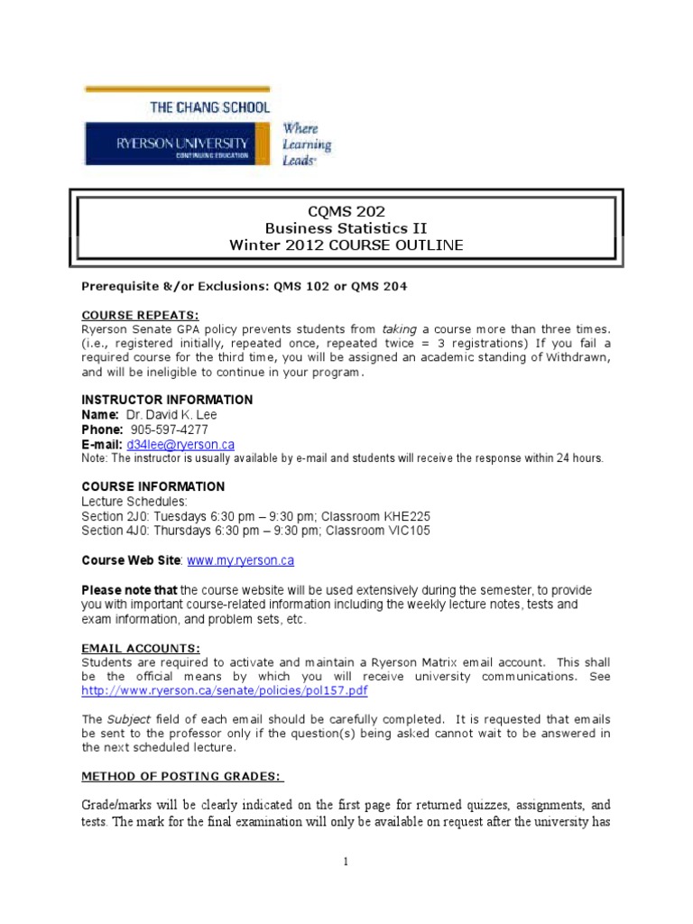 A CQMS 202 Course Outline W2012-1 | PDF | Statistics | Academic Dishonesty