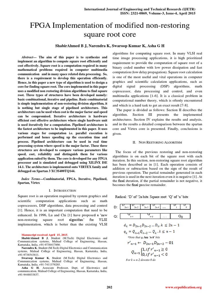 FPGA Implementation of Modified Non-Restoring Square Root Core | PDF | Field Programmable Gate ...