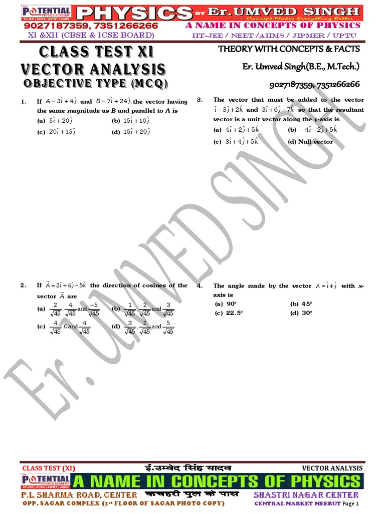 Class 11 Vector Analysis Test | PDF | Force | Euclidean Vector