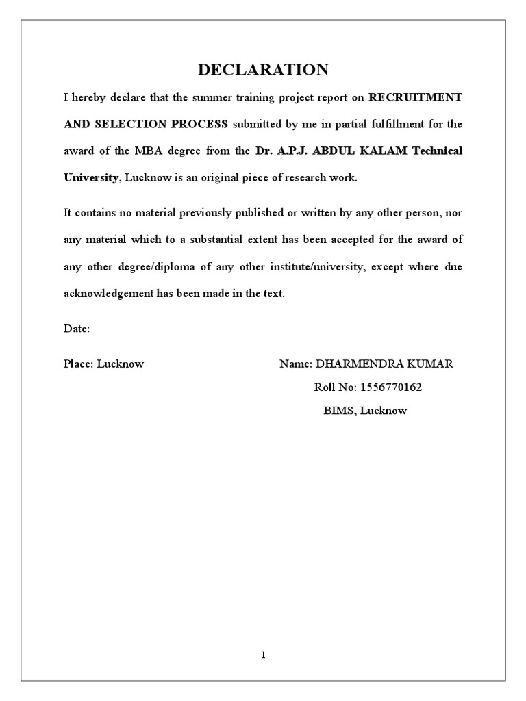 Declaration of Mba Report | PDF