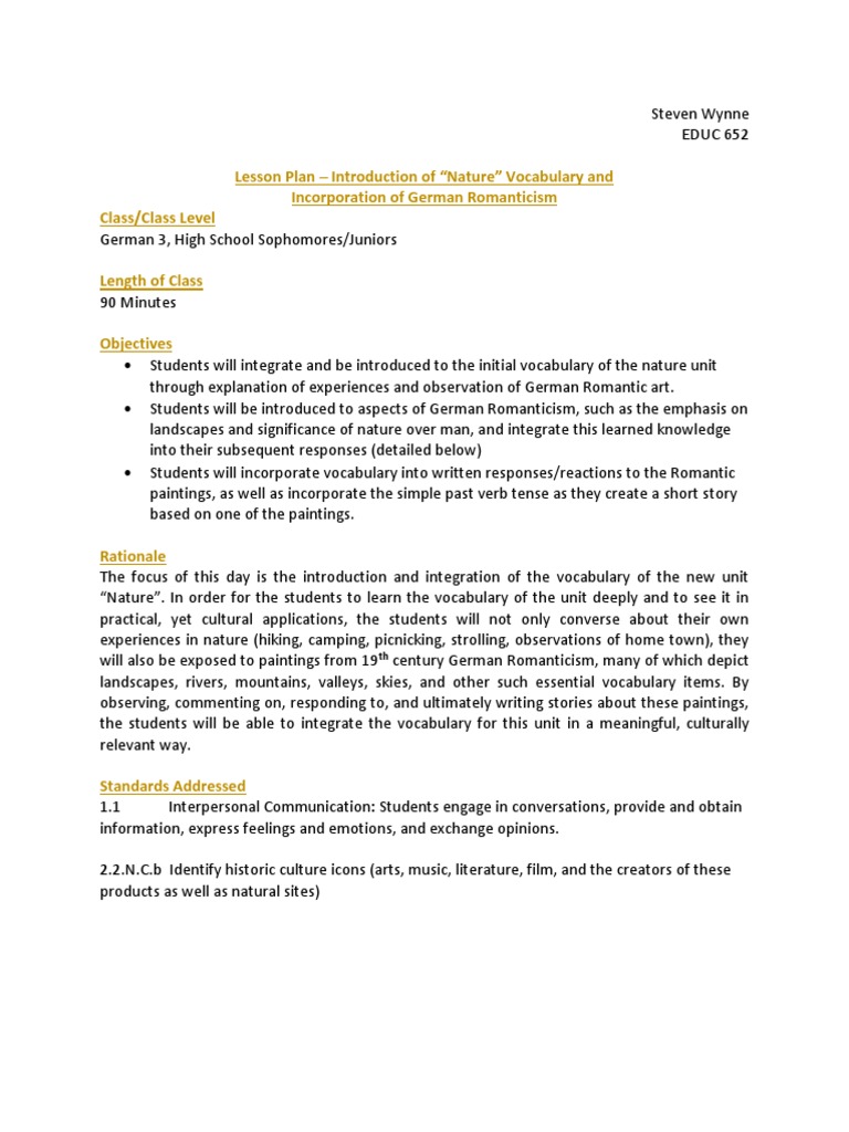 Art Gallery Lesson Plan Stevenwynne | PDF | Romanticism | Vocabulary