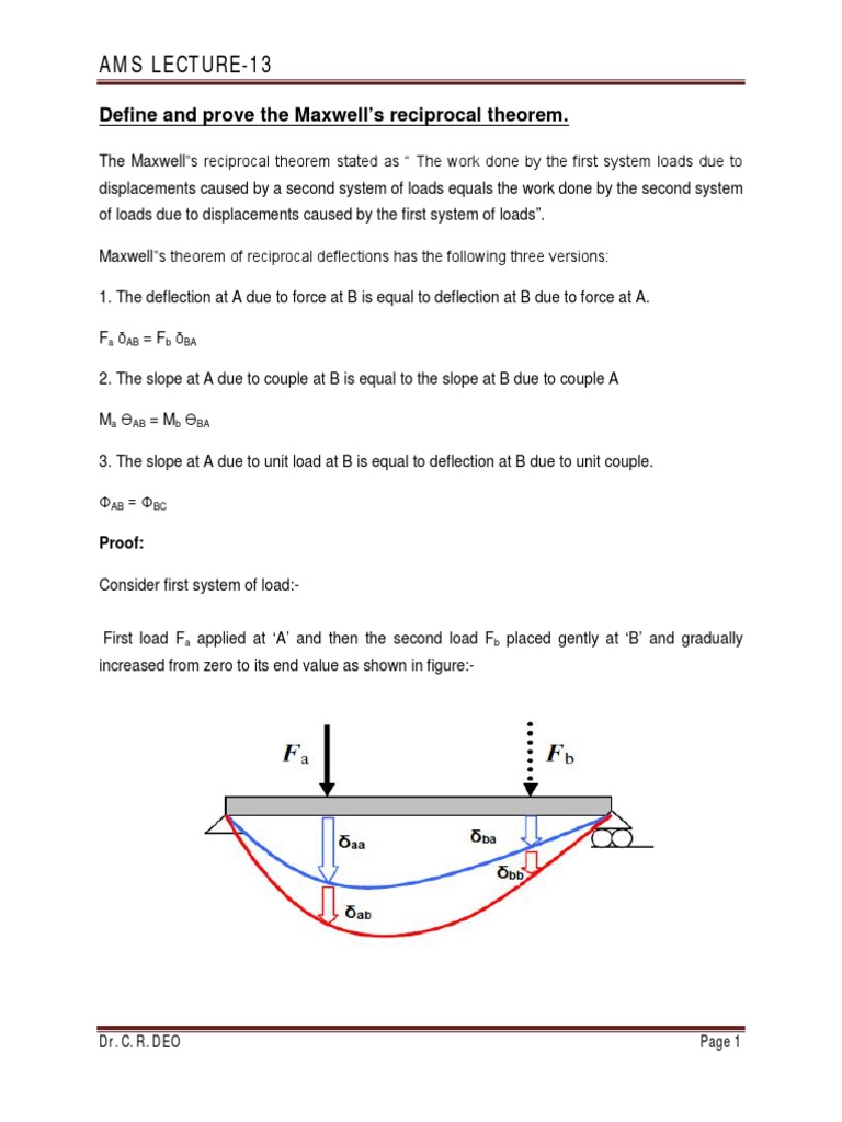 Ams Lecture-13: Define and Prove The Maxwell's Reciprocal Theorem | PDF ...