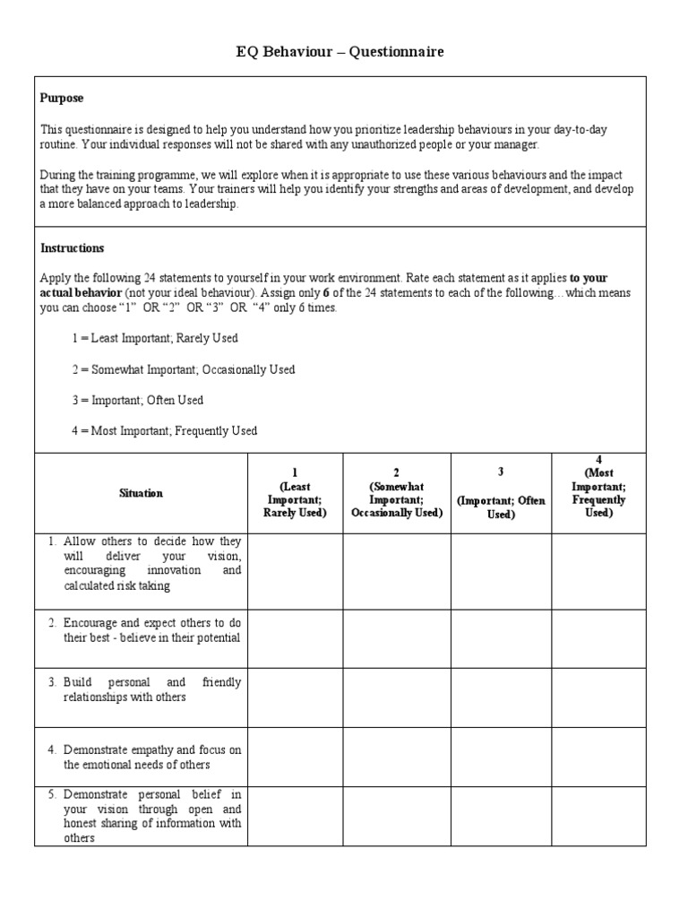 EQ Behaviour - Questionnaire: Purpose | PDF | Behavior | Leadership
