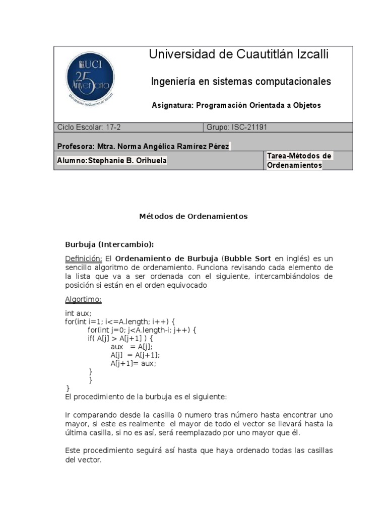 Métodos de Ordenamientos en Java | PDF | Áreas de informática | Algoritmos