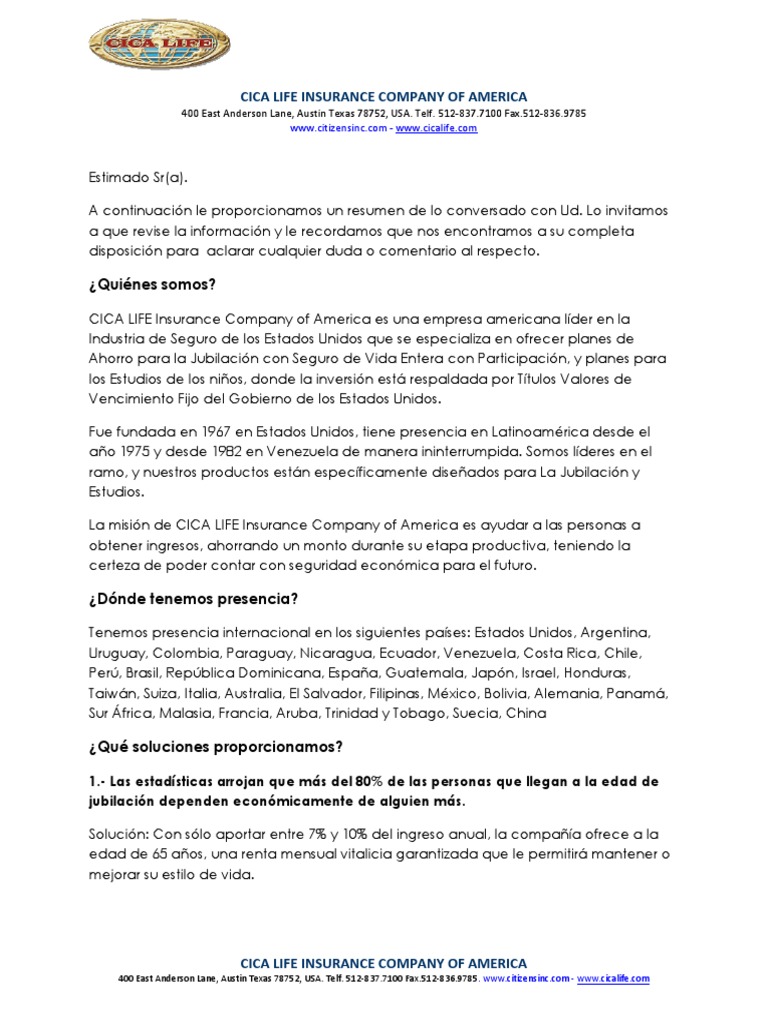 CICA Life: Soluciones de Seguro y Ahorro | PDF | Américas | America latina