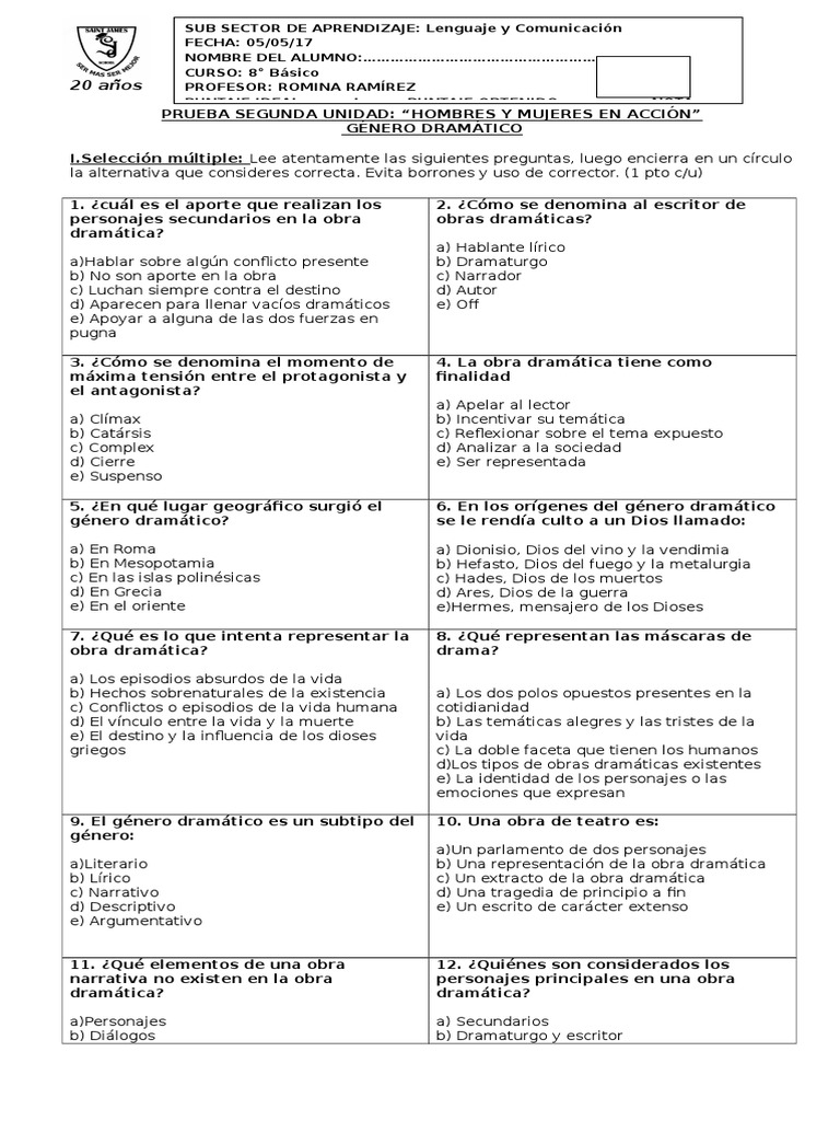 Prueba Género Dramático | PDF | Comedia | Teatro