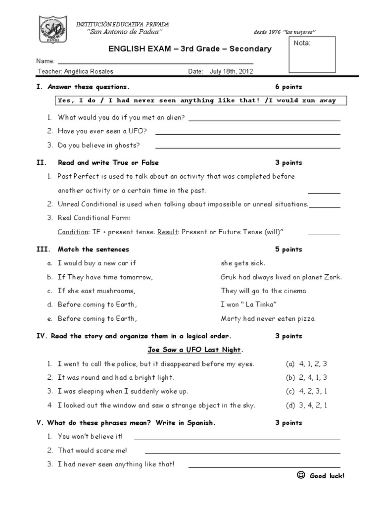 ENGLISH EXAM - 3rd Grade - Secondary: "San Antonio de Padua" | PDF ...