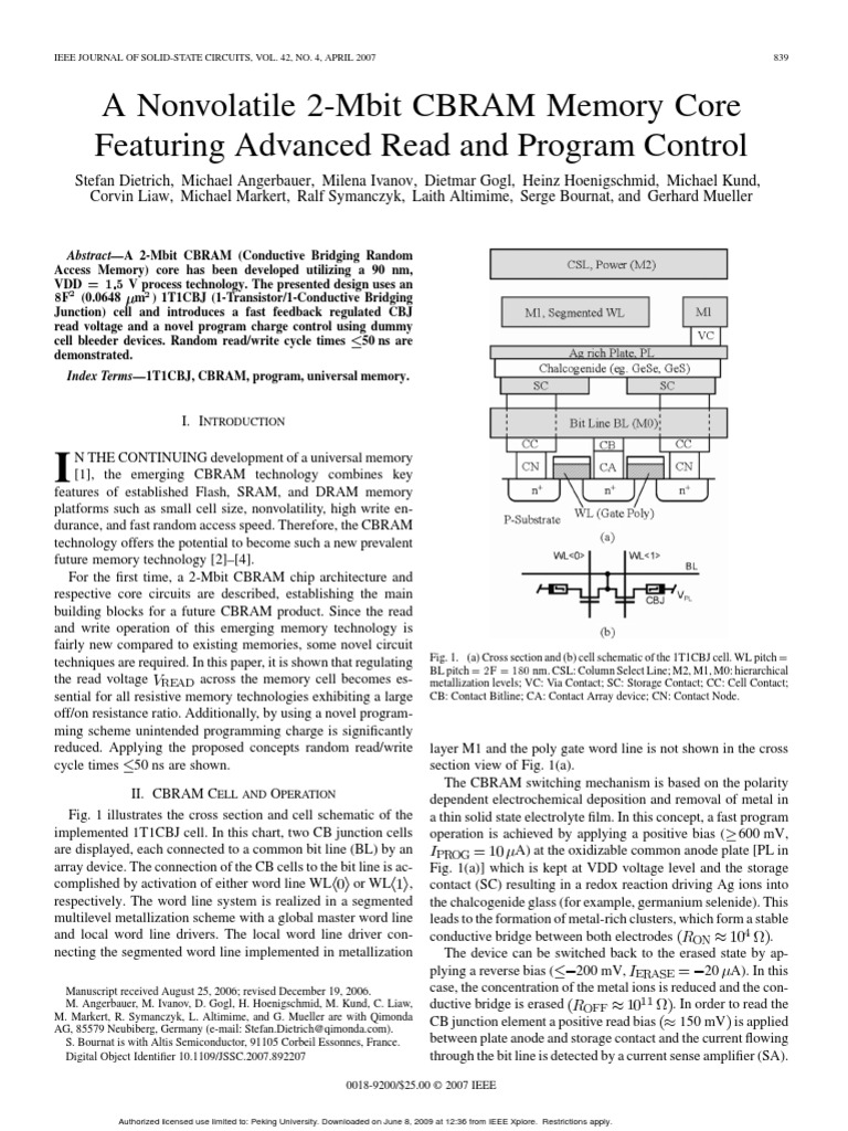 A Nonvolatile 2-Mbit CBRAM Memory Core | PDF | Electrical Resistance ...