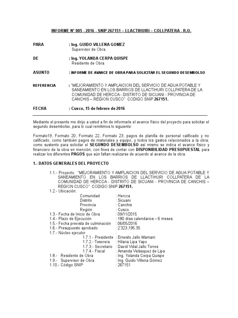 Informe Residente Segundo Desembolso | PDF | Agua y política ...