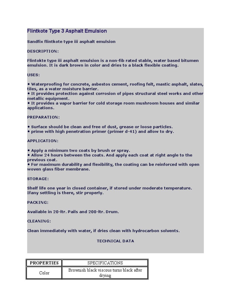 Flintkote Type 3 Asphalt Emulsion: Specifications Color Brownish Black ...