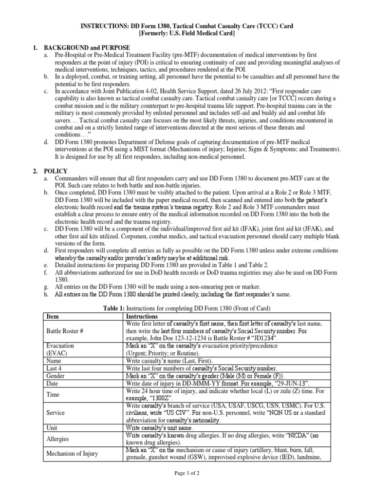 INSTRUCTIONS: DD Form 1380, Tactical Combat Casualty Care (TCCC) Card ...