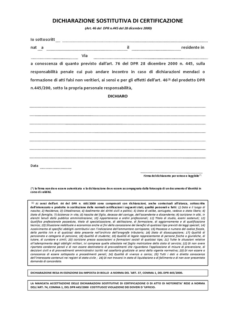 Dichiarazione Sostitutiva Di Autocertificazione (Art. 46 DPR 445-2000 ... Dichiarazione Sostitutiva Di Autocertificazione (Art. 46 DPR 445-2000 ...