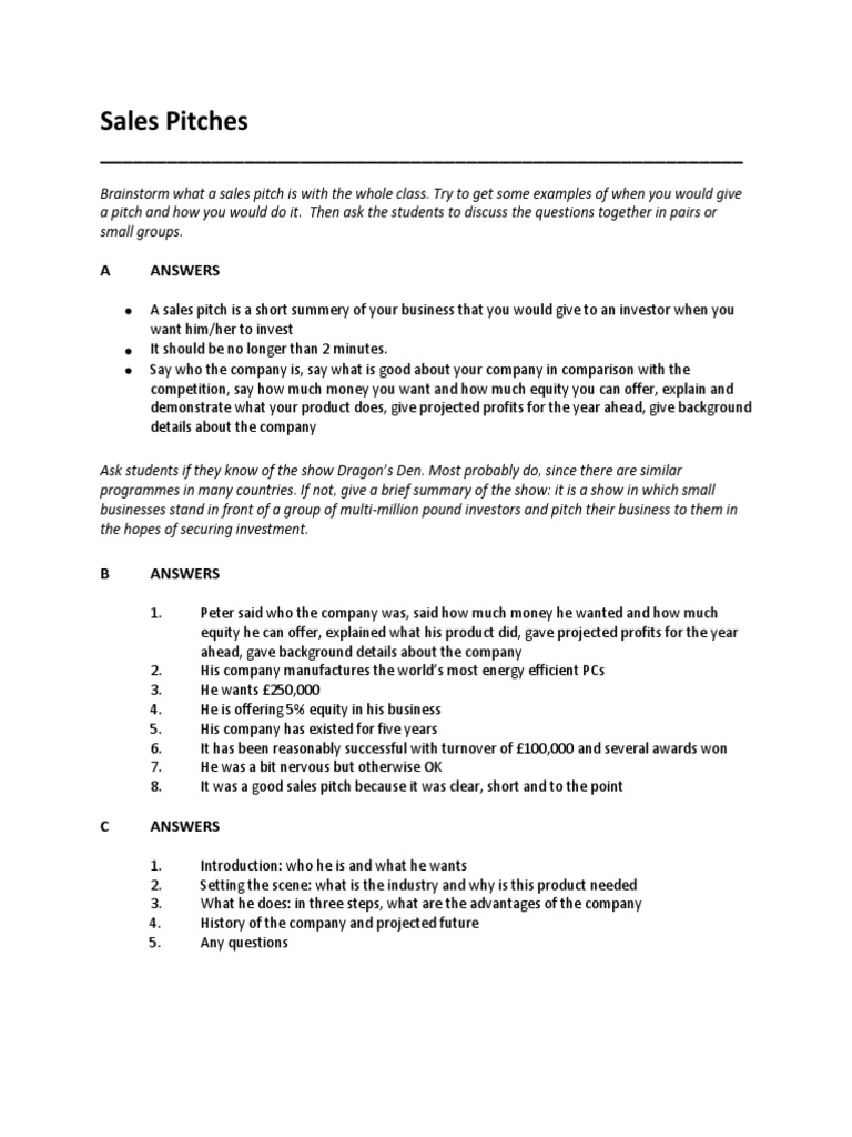 Sales Pitches: A Answers | PDF | Investing | Economies