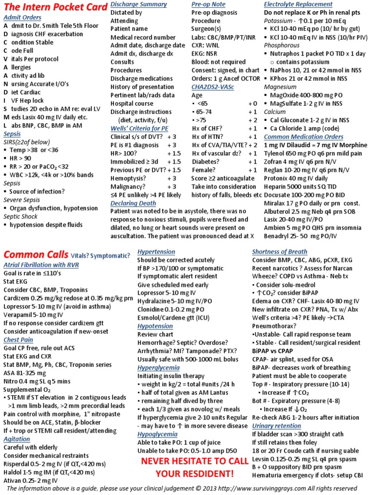 The Intern Pocket Card Surviving Grays | PDF | Sepsis | Myocardial ...