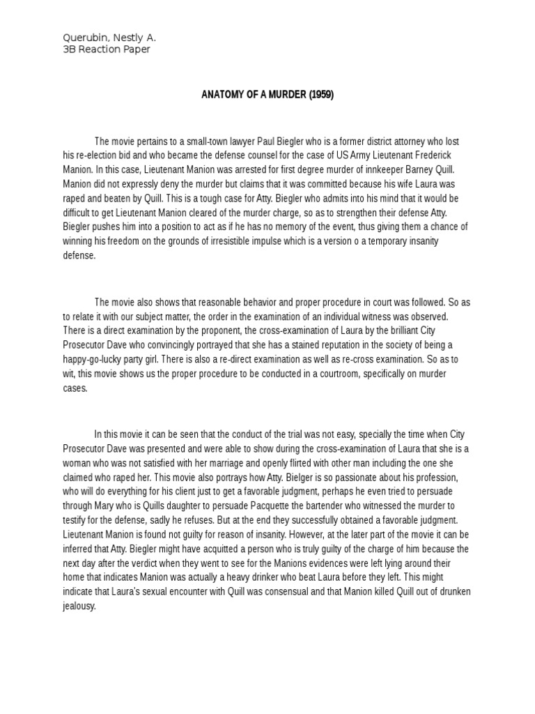 Anatomy of A Murder (1959) : Querubin, Nestly A. 3B Reaction Paper ...