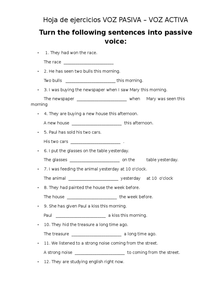 Hoja de Ejercicios VOZ PASIVA | PDF | Language Arts & Discipline ...