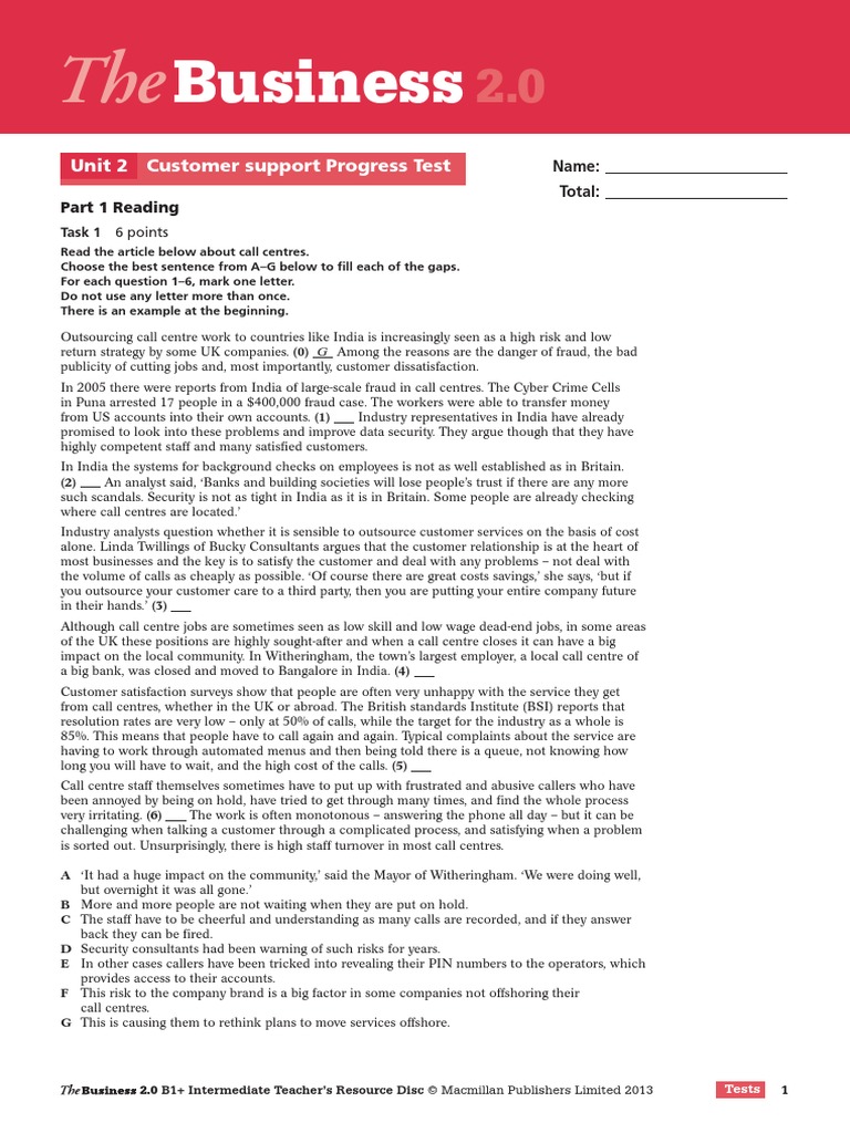 Business: Unit 2 Customer Support Progress Test | Download Free PDF ...