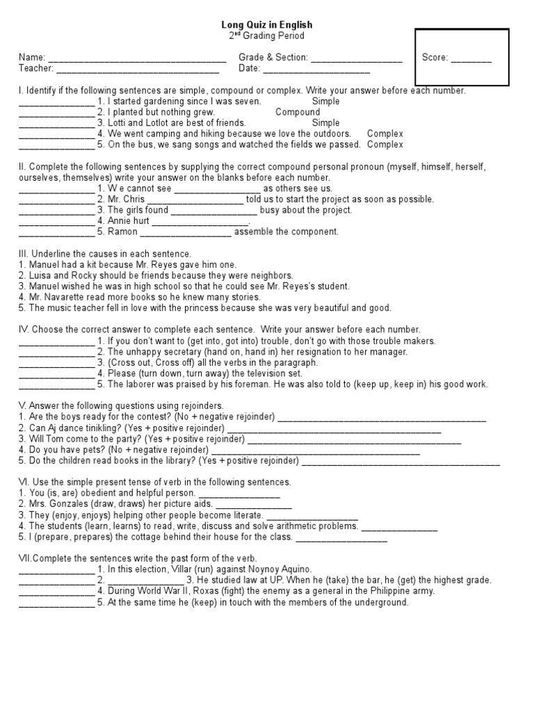 Long Quiz in English | PDF | Rules | Grammar