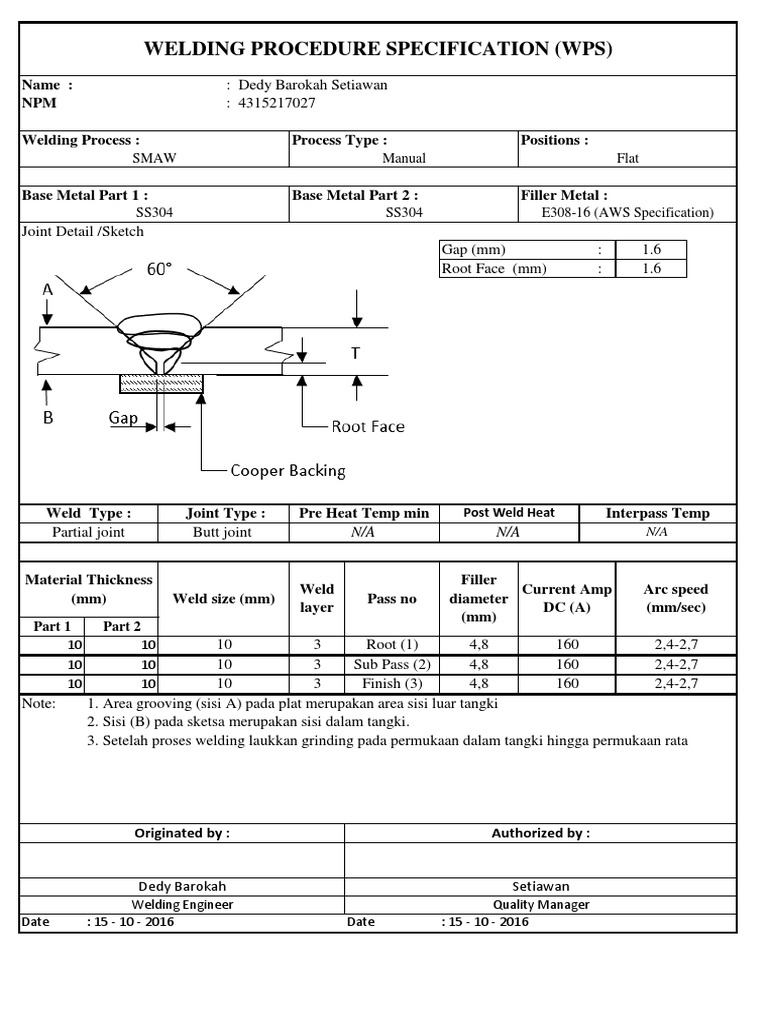 Welding Procedure Specification (WPS) : Smaw Manual Flat | PDF