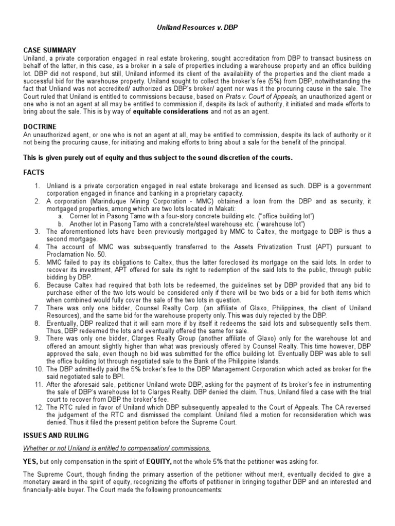 Case Summary: Uniland Resources v. DBP | PDF | Law Of Agency | Justice