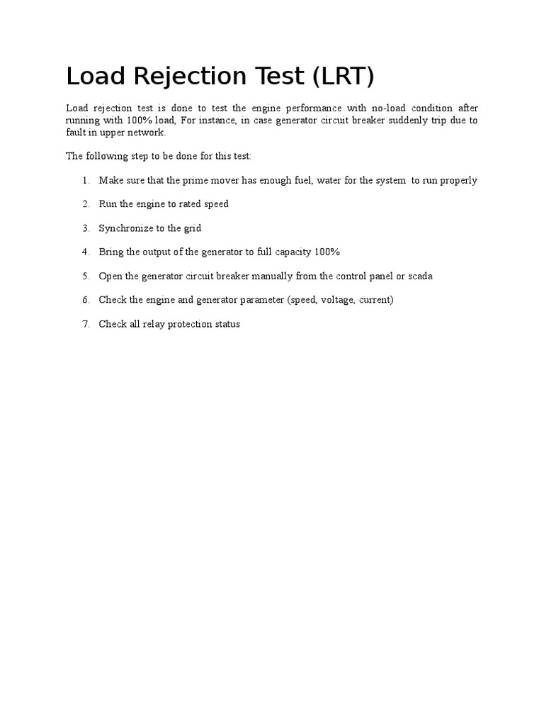 LRT Load Rejection Test Checks Engine Performance | PDF
